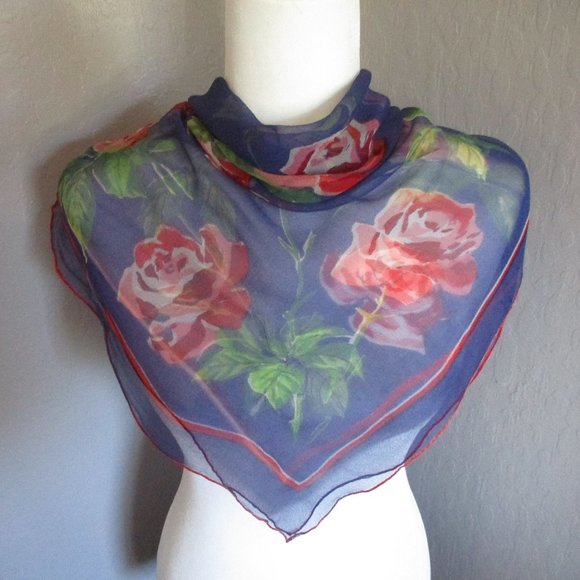 Vintage | Accessories | 95s Sheer Navy Silk With Red Roses Scarf | Poshmark